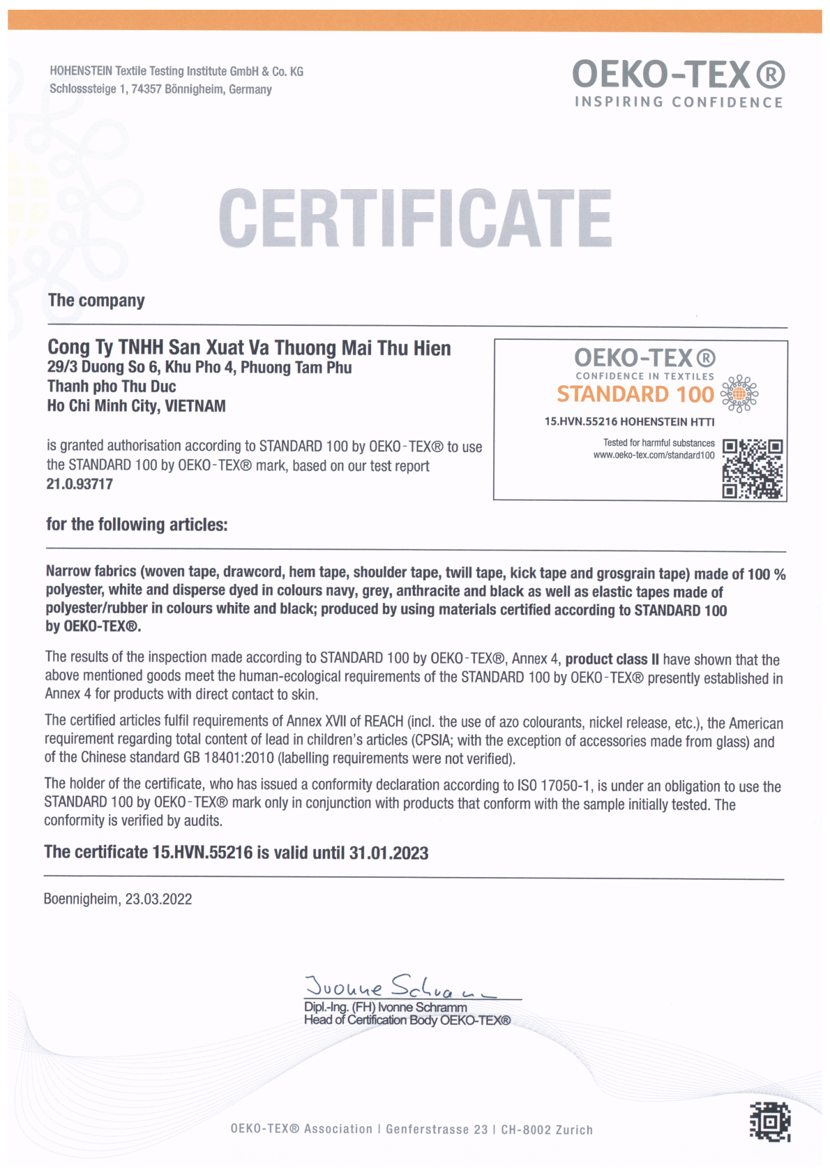 CHỨNG CHỈ OEKO-TEX NĂM 2022 | THUHIENVN.COM | CÔNG TY THU HIỀN